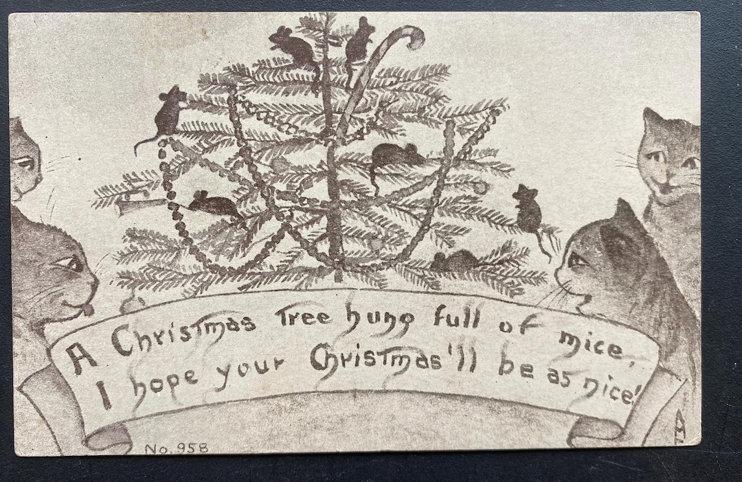Rare Vintage Christmas Postcard Funny Joke Poem Rhyme Cats Watch Mice ...