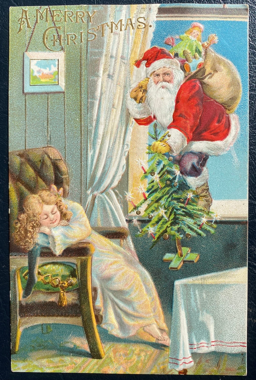 VGC Rare Vintage 1908 Christmas Postcard Santa Climb in Window Victorian Girl Sleeping Gold ...