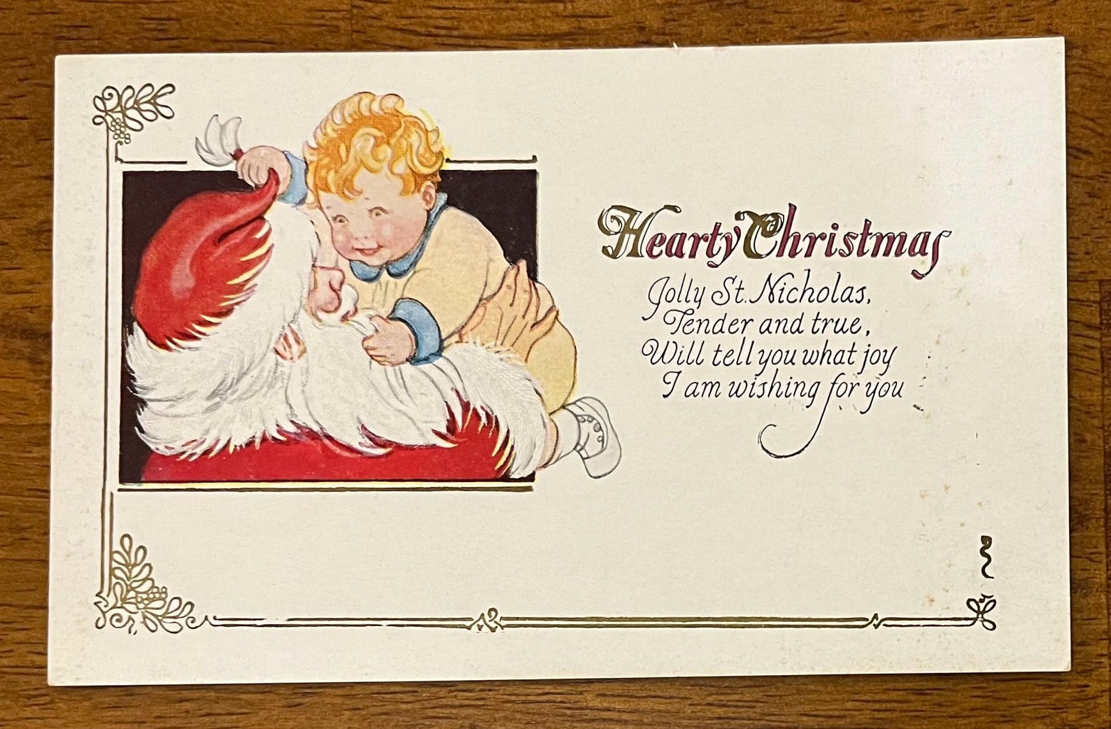 GC+ Rare Vintage Hearty Christmas Postcard Santa Claus Hold Baby Play W ...