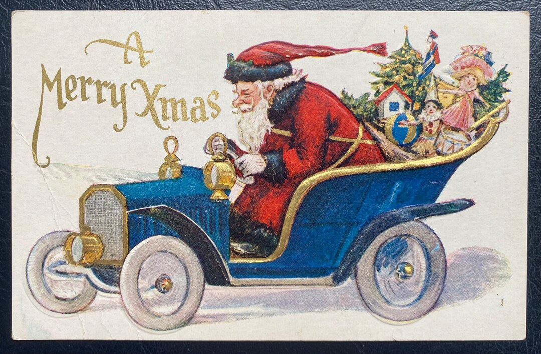 Vintage Christmas Postcard Santa Drive Fast Antique Car W/ Gifts Toys ...