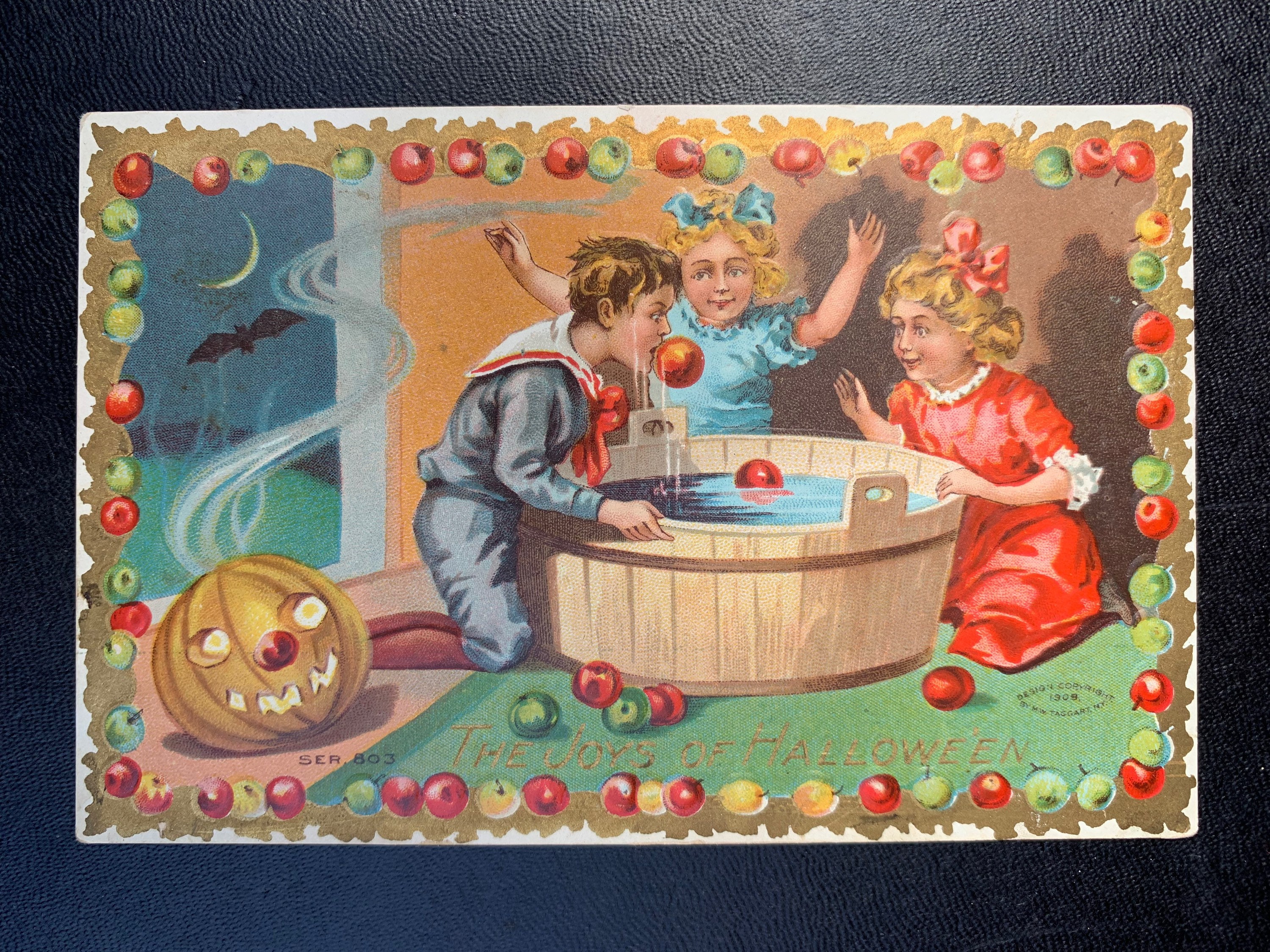 Vintage Bobbing for Apples Girl Boy Jack O Lantern Owl Red Bat Moon ...
