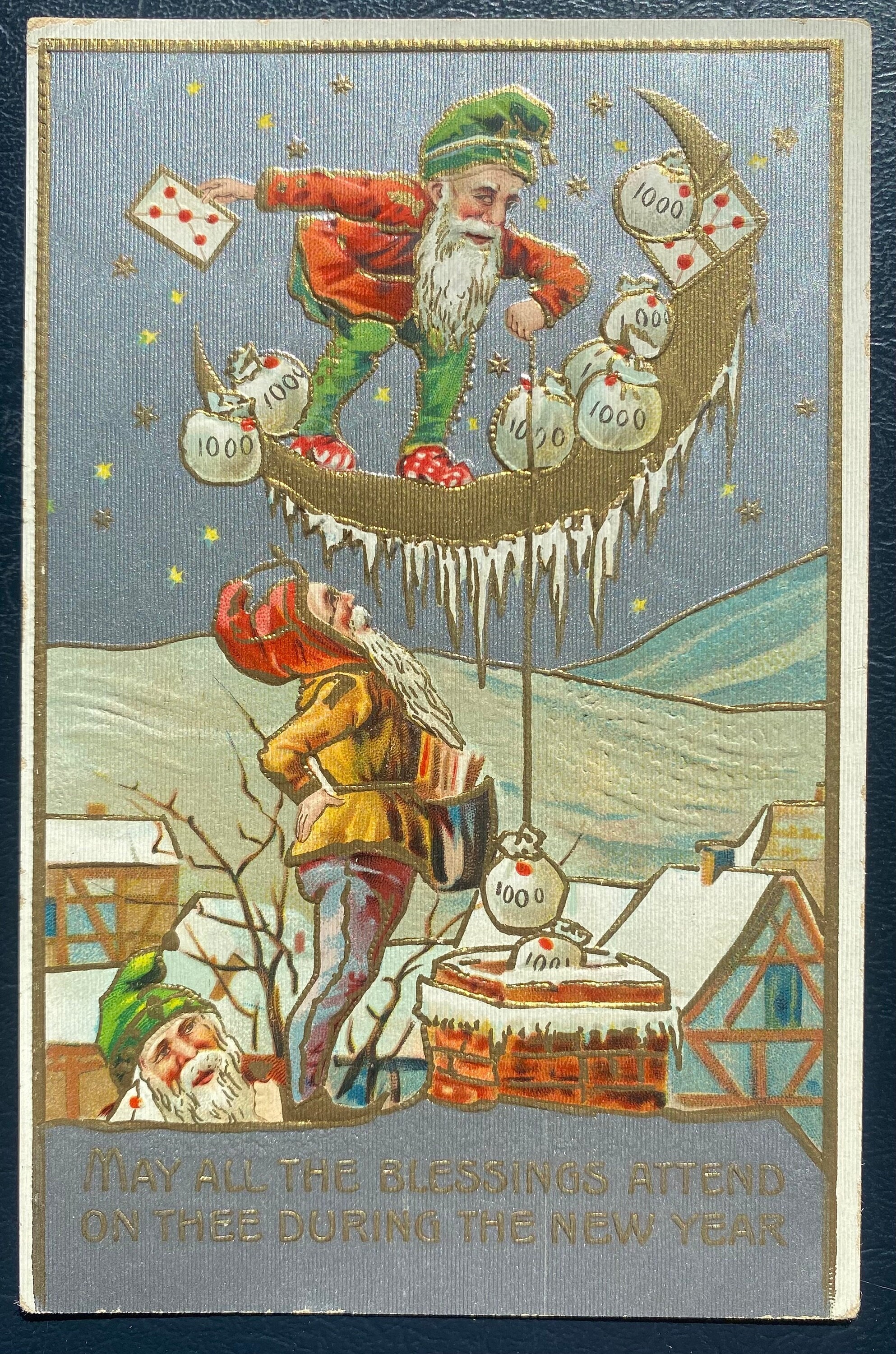 GC Rare Vintage 1908 German Christmas New Year Postcard Elves Drop ...