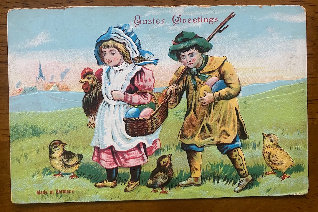Vintage 1908 German Easter Greetings Postcard Victorian Girl and Boy ...