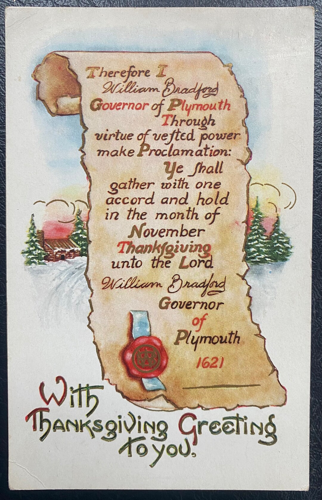 GC Vintage Rare Thanksgiving Postcard Scroll Parchment Plymouth ...