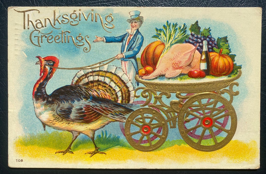 Vintage German 1908 Rare Thanksgiving Postcard Uncle Sam Ride Turkey ...