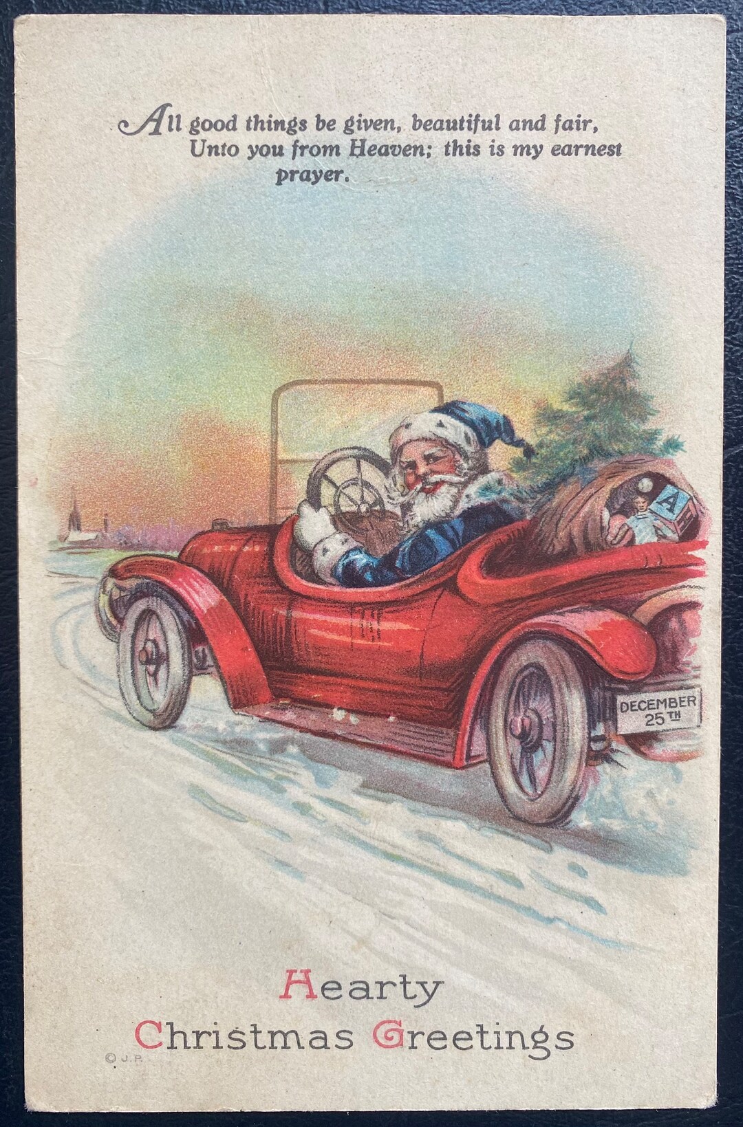 Vintage 1923 Rare Christmas Postcard Santa Claus Drive Car Through Snow ...