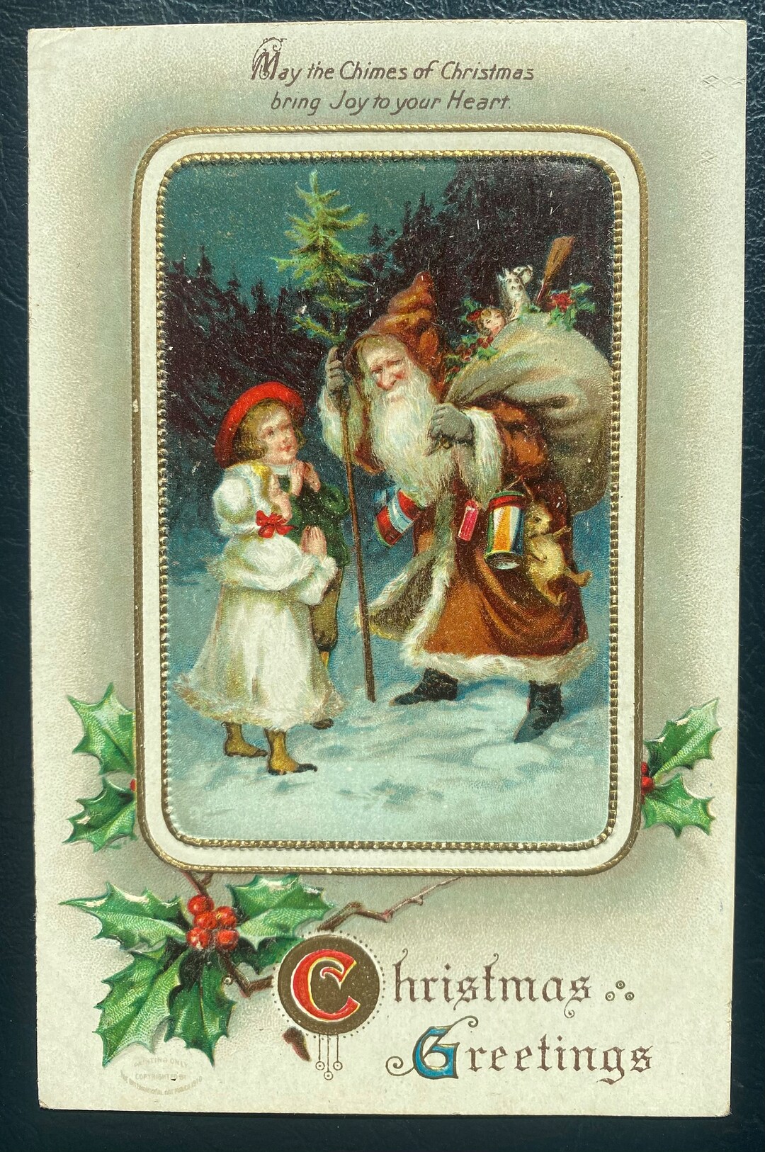 EXC Vintage 1910 German Christmas Postcard Belsnickle Santa Deliver Toy in Snow to Girls Gold ...
