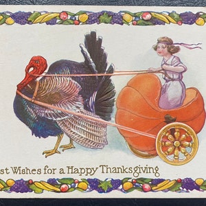 GC+ Rare Vintage Happy Thanksgiving Postcard Turkey Pull Girl in ...