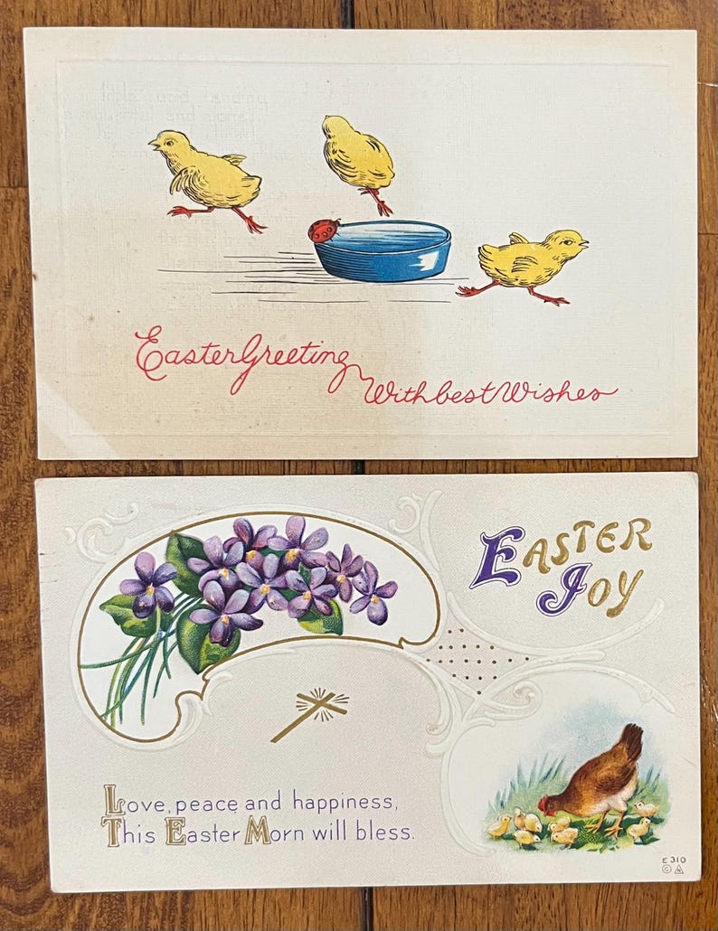 SET of 2 Rare Vintage E Nash Easter Joy Postcard Rooster Chicks Scared ...