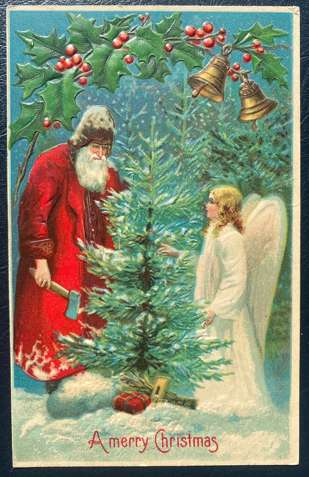 VGC Vintage 1907 Rare German Christmas Postcard Belsnickle Santa Chop Tree W/ Angel Bells Holly ...