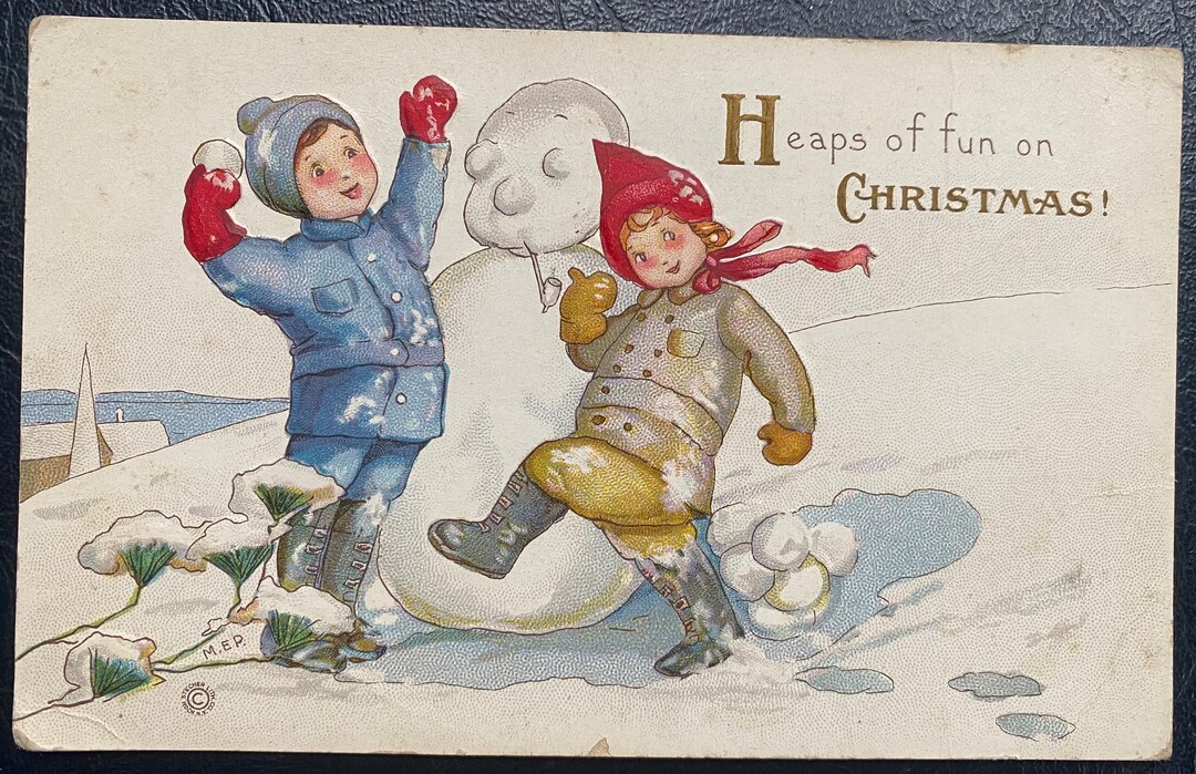Rare Vintage 1915 Stecher Christmas Postcard Two Victorian Kids Build ...