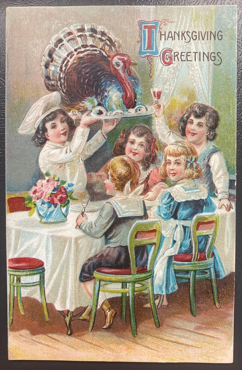 Rare Vintage German Thanksgiving Greetings Postcard Victorian Kids Eat ...