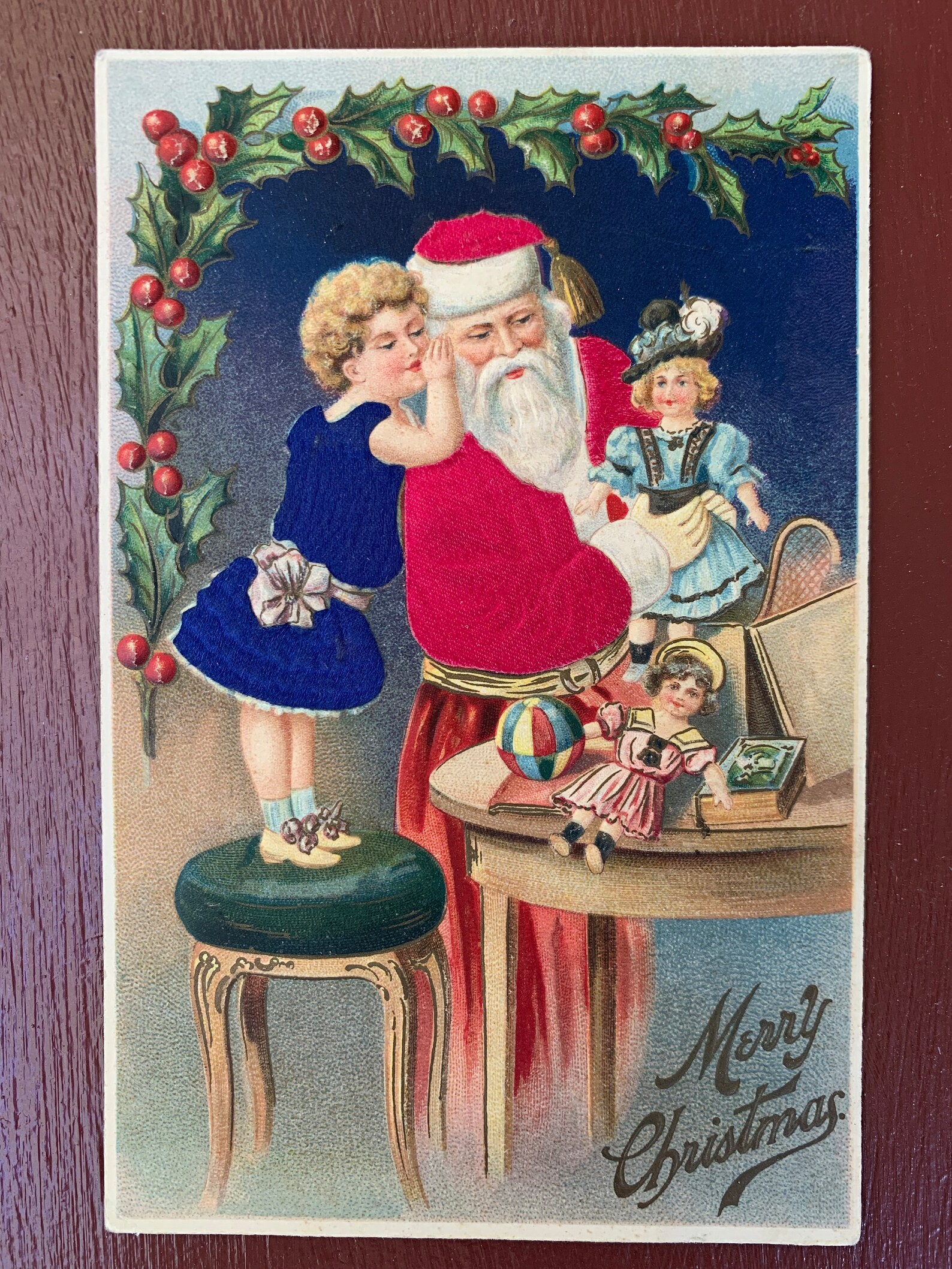 VGC Vintage German Satin Belsnickle Christmas Postcard Little Girl Blue ...