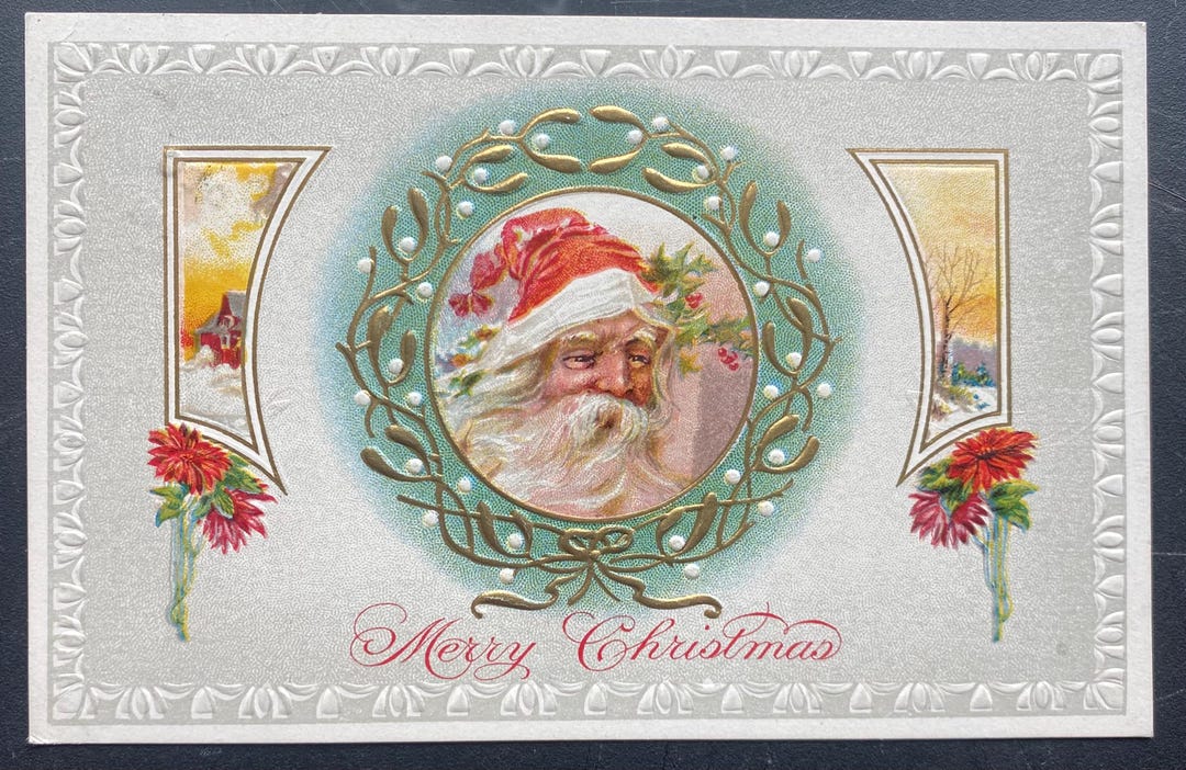 VGC Rare Vintage 1910 Merry Christmas Postcard Santa Claus Flowers Country Landscape Gold Gilded ...
