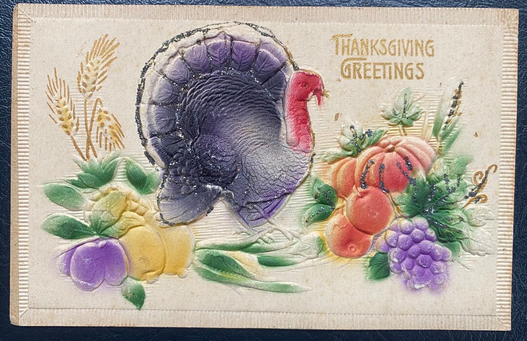 GC+ Rare Vintage German Thanksgiving Postcard Colored 3D Foam Turkey ...