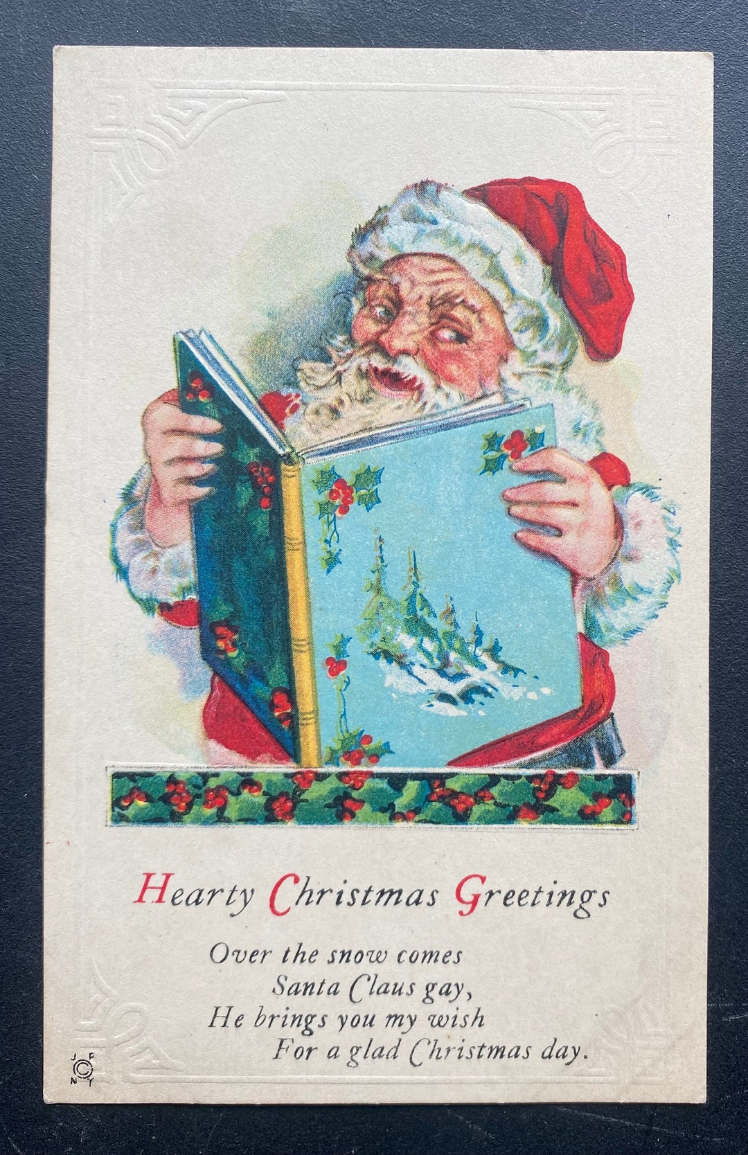 VGC Vintage 1925 Rare Hearty Christmas Greetings Postcard Santa Belsnickle Reading Book Gay ...