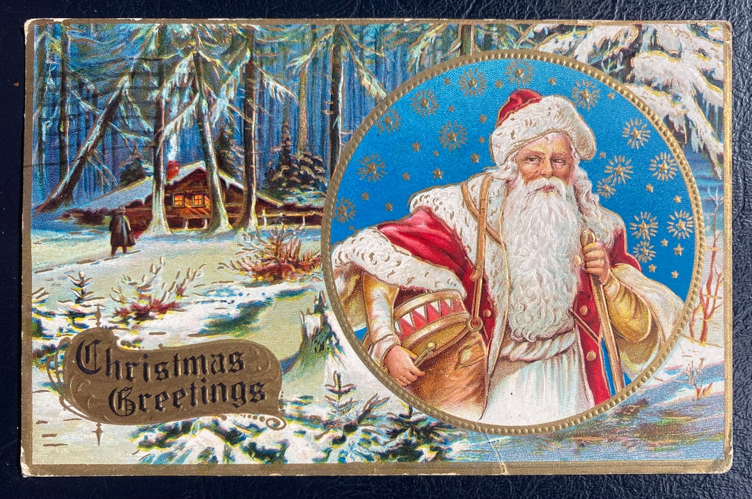 Vintage 1909 Rare Christmas Postcard Santa Claus Snowy Cabin Deliver ...