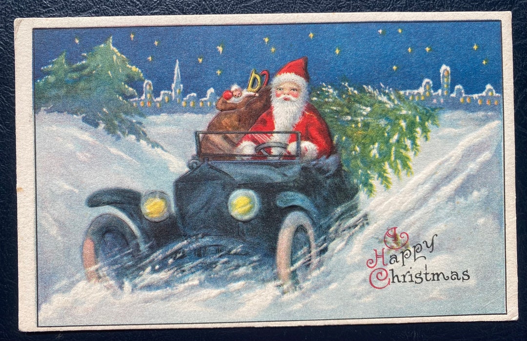 VGC+ Vintage 1925 Rare Christmas Postcard Santa Claus Drive Car Thru ...