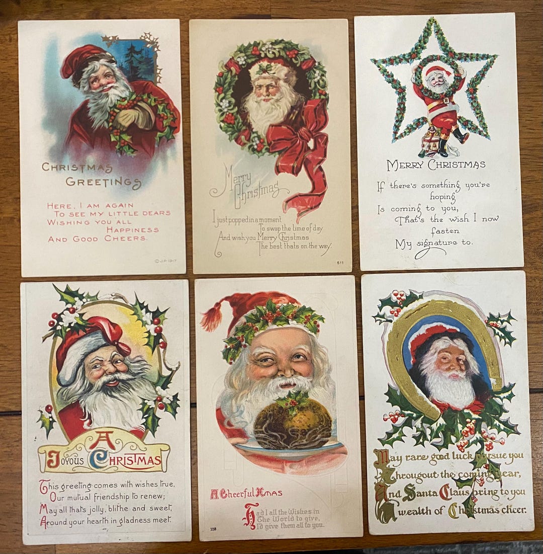 SET of 6 Rare Vintage 1914 Merry Christmas Postcard Santa Horseshoe Holly Plant Gold Gilded ...