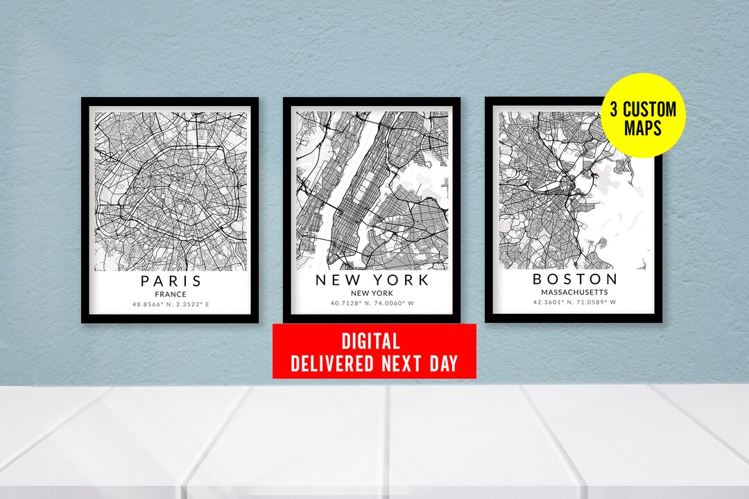 Personalized Set of 3 Any City Map Prints Custom Locations Home Town ...