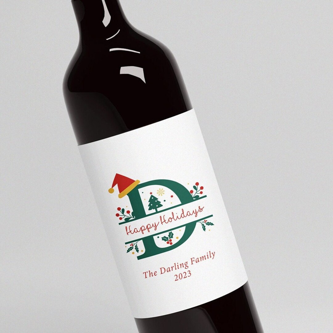Monogram Christmas Split Label, Custom Christmas Wine Label ...