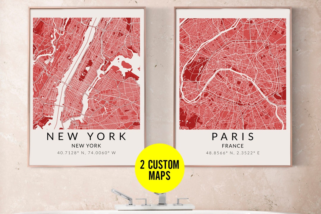 Custom Map Set of 2 Any City Map, Any City Map, Custom Map Poster ...