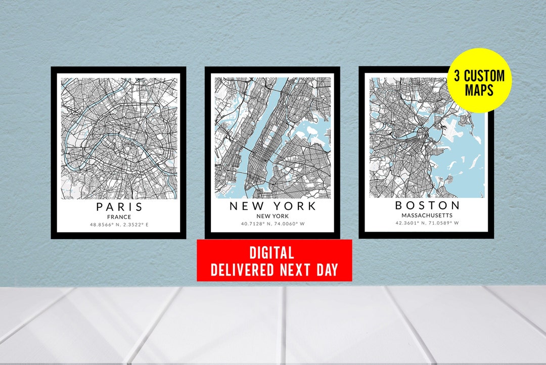 Personalized Set of 3 Any City Map Prints Custom Locations Home Town ...
