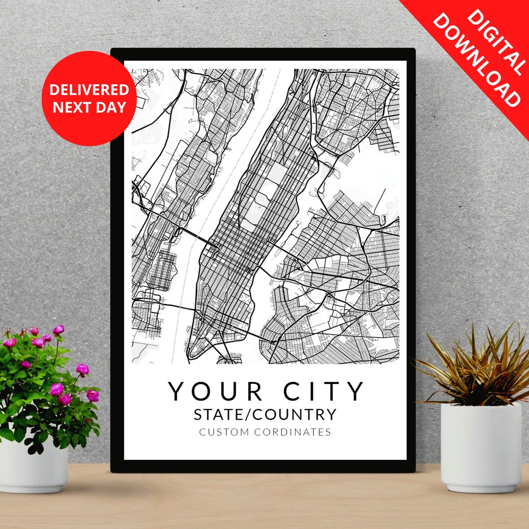 Any City Map, Custom Map Poster, Any City, Any Town, Personalized Map ...