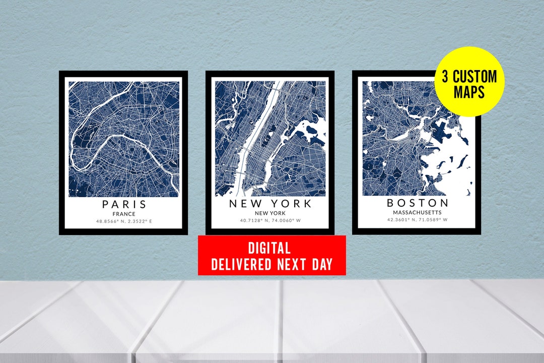 Personalized Set of 3 Any City Map Prints Custom Locations Home Town ...