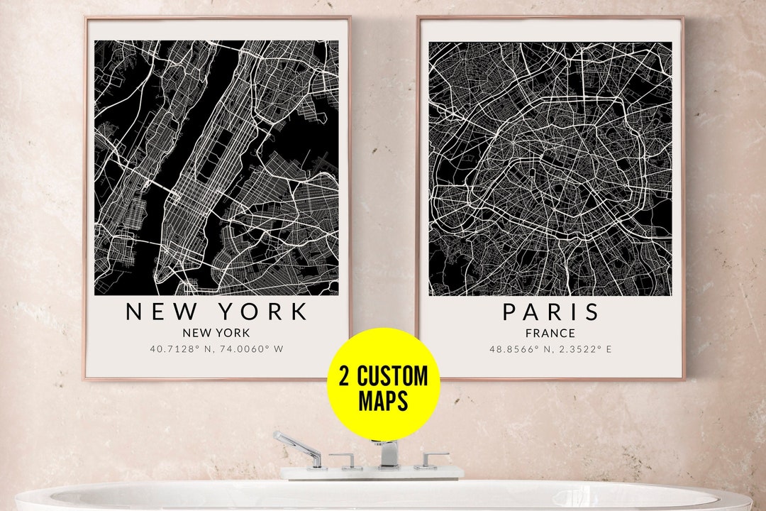 Custom Map Set of 2 Any City Map, Any City Map, Custom Map Poster ...