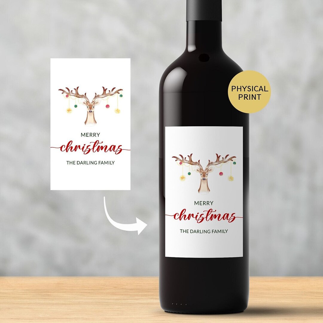 Modern Holiday Whimsical Reindeer Christmas Wine Label, Merry Christmas ...