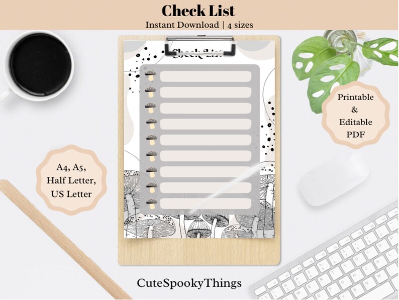Check List Fillable Printable Minimalist Mushroom Grey 4 Sizes PDF ...