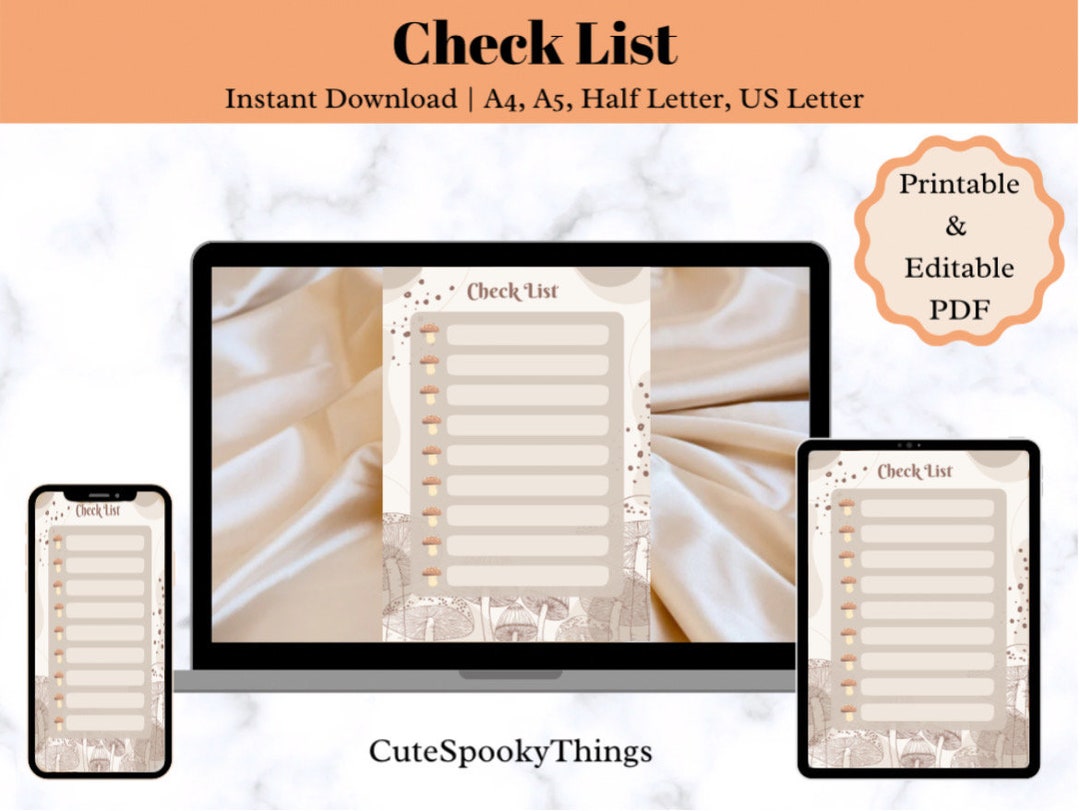 Check List Fillable Printable Minimalist Mushroom Neutral 4 Sizes PDF ...