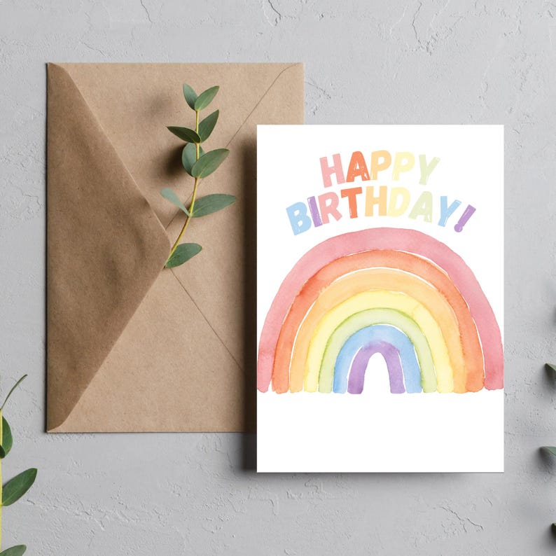 Watercolor Rainbow Birthday Card - Digital Download (white & Black ...