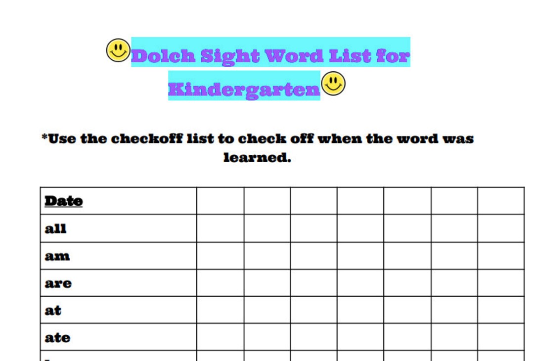 Kindergarten Dolch Sight Word Check off List - Etsy