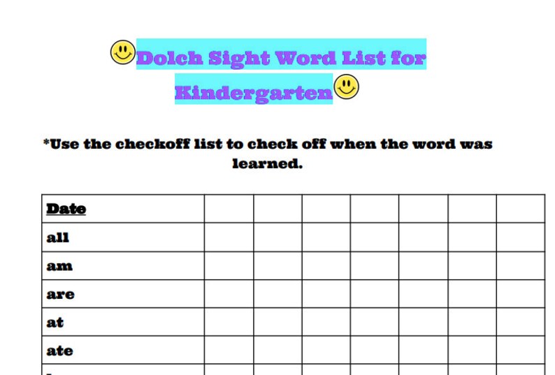 Kindergarten Dolch Sight Word Check off List - Etsy