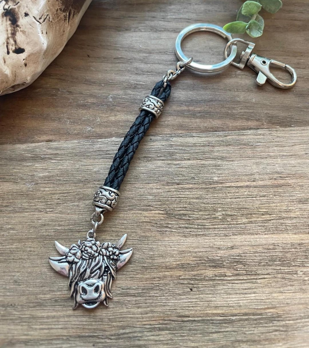 Highland Cow Bag Charm Black Leather Keychain Key Ring - Etsy