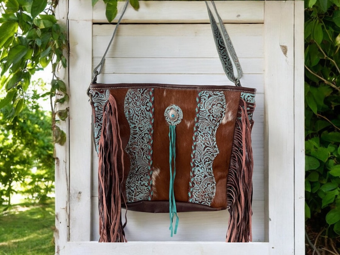 Leather Fringe Myra Bag Cowhide Dendrite Turquoise Embossed Leather ...
