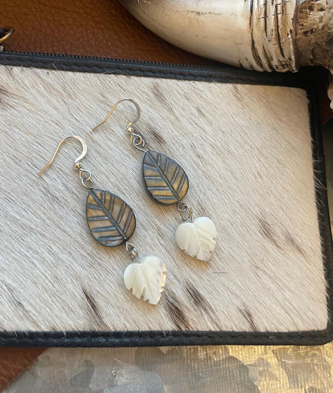 Carved Shell With Green Leaf Shell Silver Earrings - Etsy