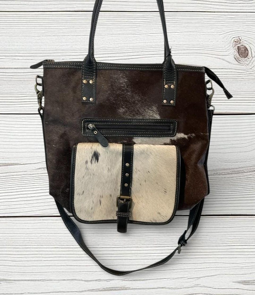 Large Cowhide and Leather Tote: Shoulder Strap and Handles - Etsy