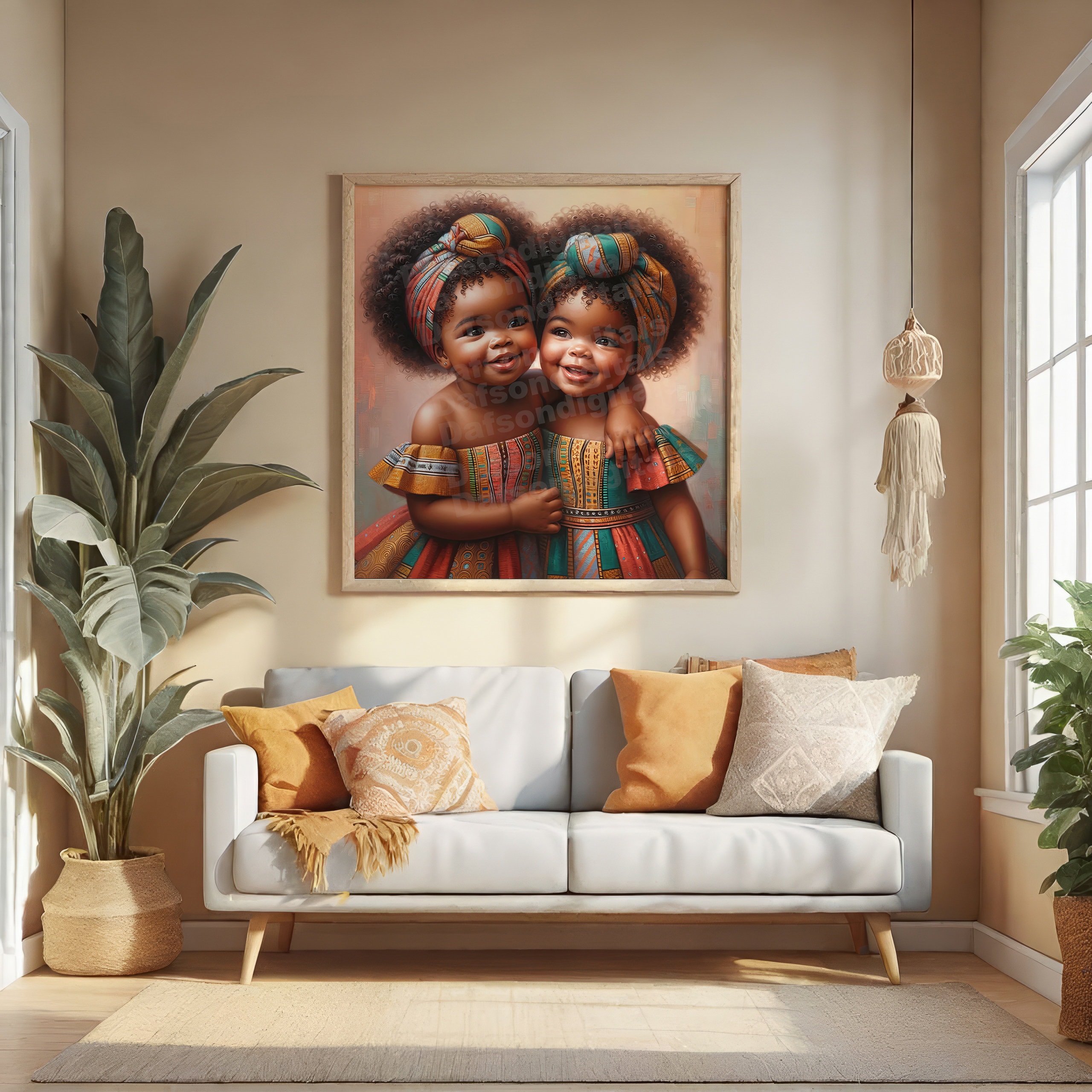 African Sisters Hugging | Unframed Art Print | African Girl Art | Black ...