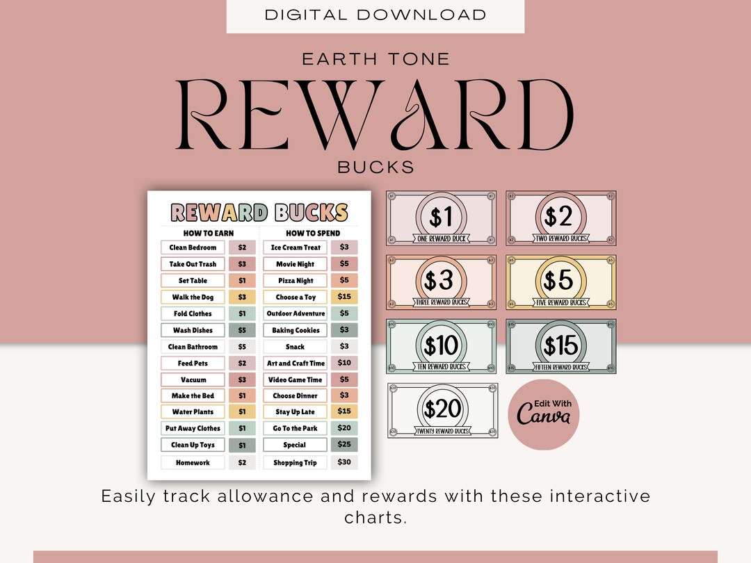 Earth Tones Editable Kids Reward Chart With Reward Bucks Allowance ...