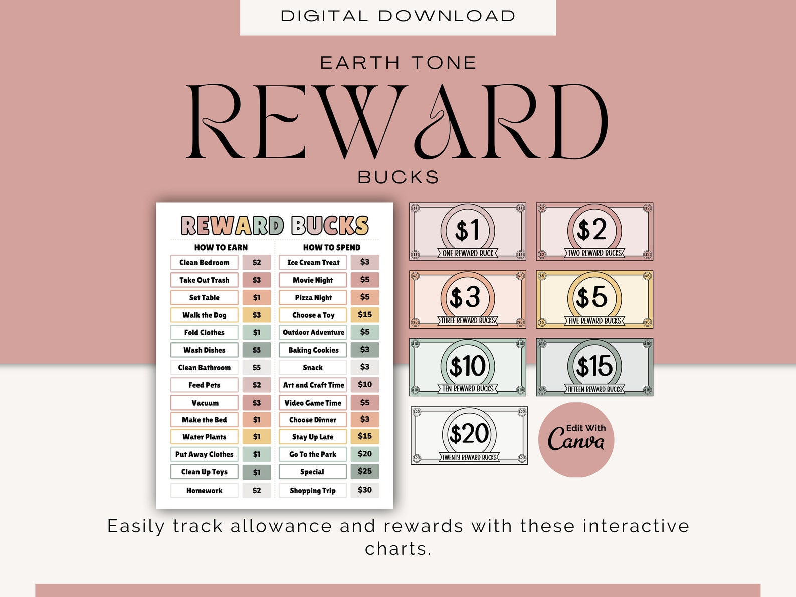 Earth Tones Editable Kids Reward Chart With Reward Bucks Allowance ...