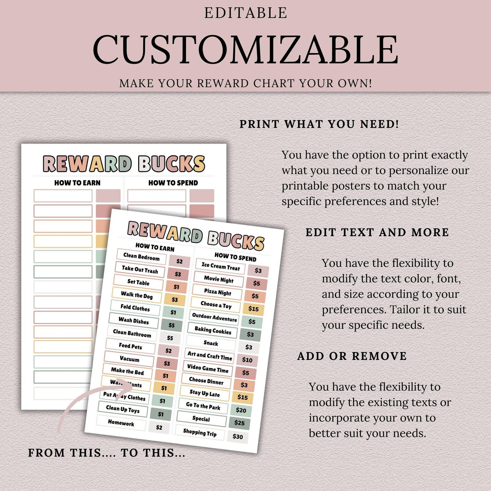 Earth Tones Editable Kids Reward Chart With Reward Bucks | Allowance ...