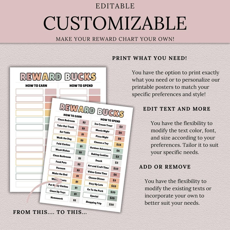 Earth Tones Editable Kids Reward Chart With Reward Bucks | Allowance ...