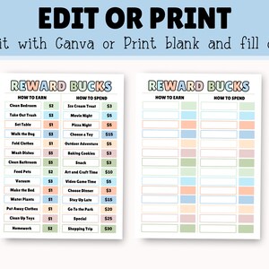 Orange, Green and Blue Editable Kids Reward Chart With Reward Bucks ...