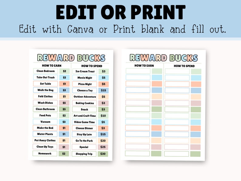Orange, Green and Blue Editable Kids Reward Chart With Reward Bucks ...