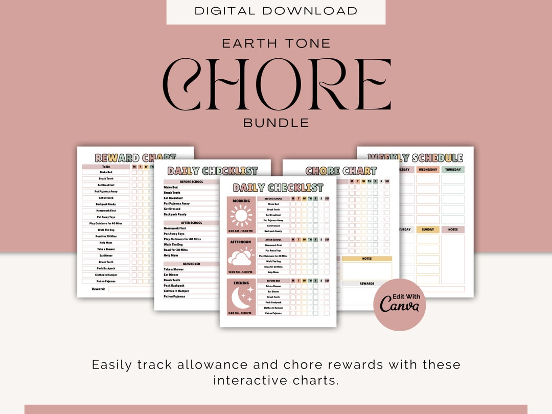 Earth Tones Editable Kids Chore Charts, Rewards and Allowance Daily ...