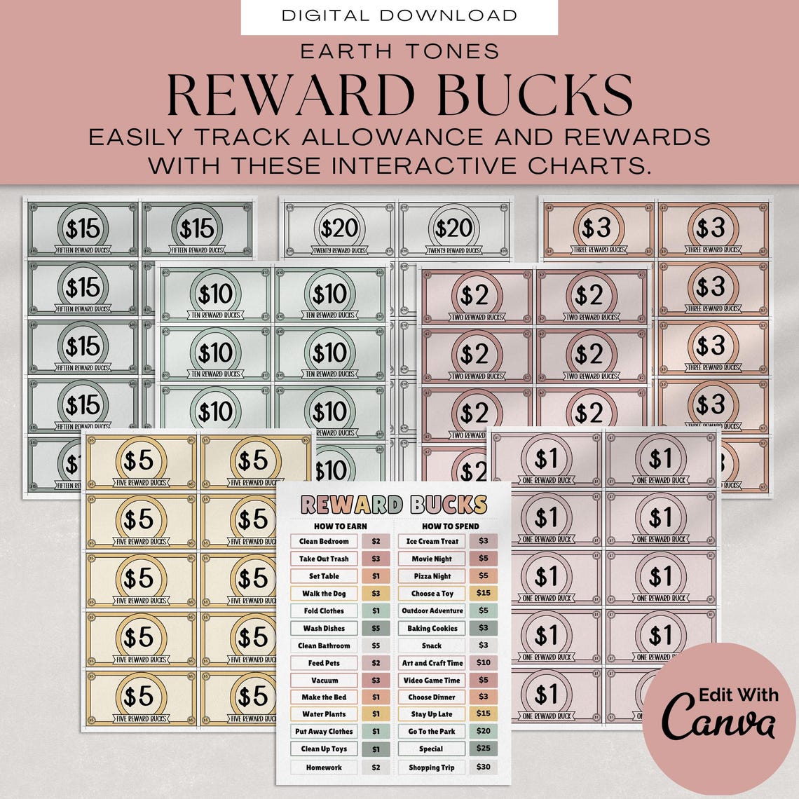 Earth Tones Editable Kids Reward Chart With Reward Bucks Allowance ...
