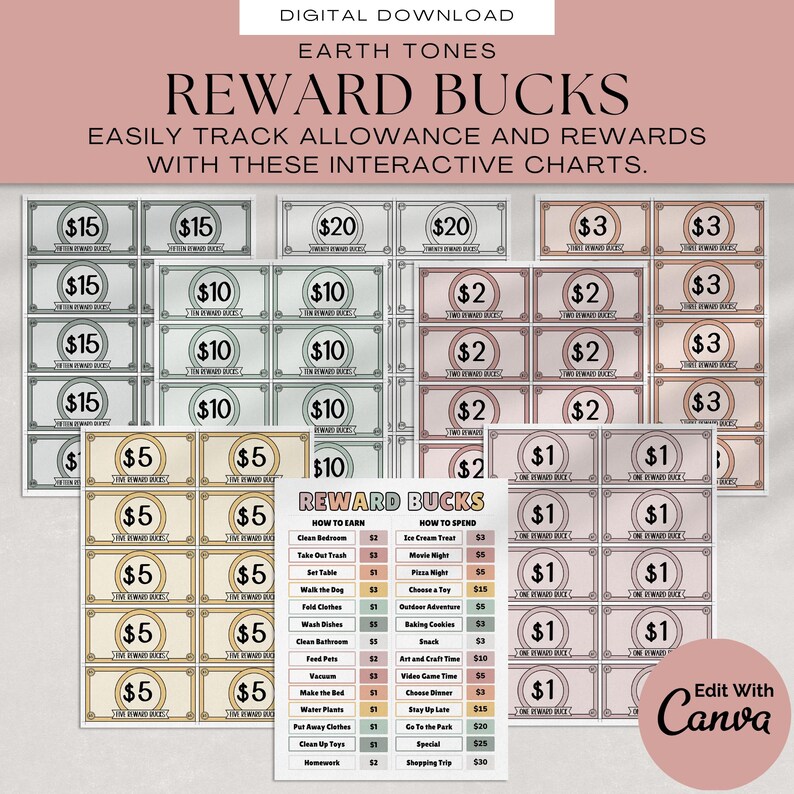 Earth Tones Editable Kids Reward Chart With Reward Bucks Allowance ...